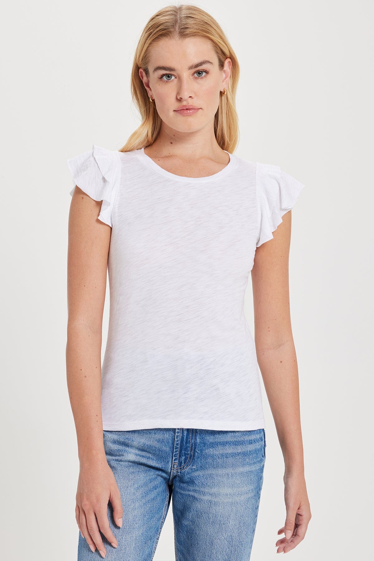 Celeste Ruffle Sleeve Tee – Feminine Cotton Tee for Women | Goldie