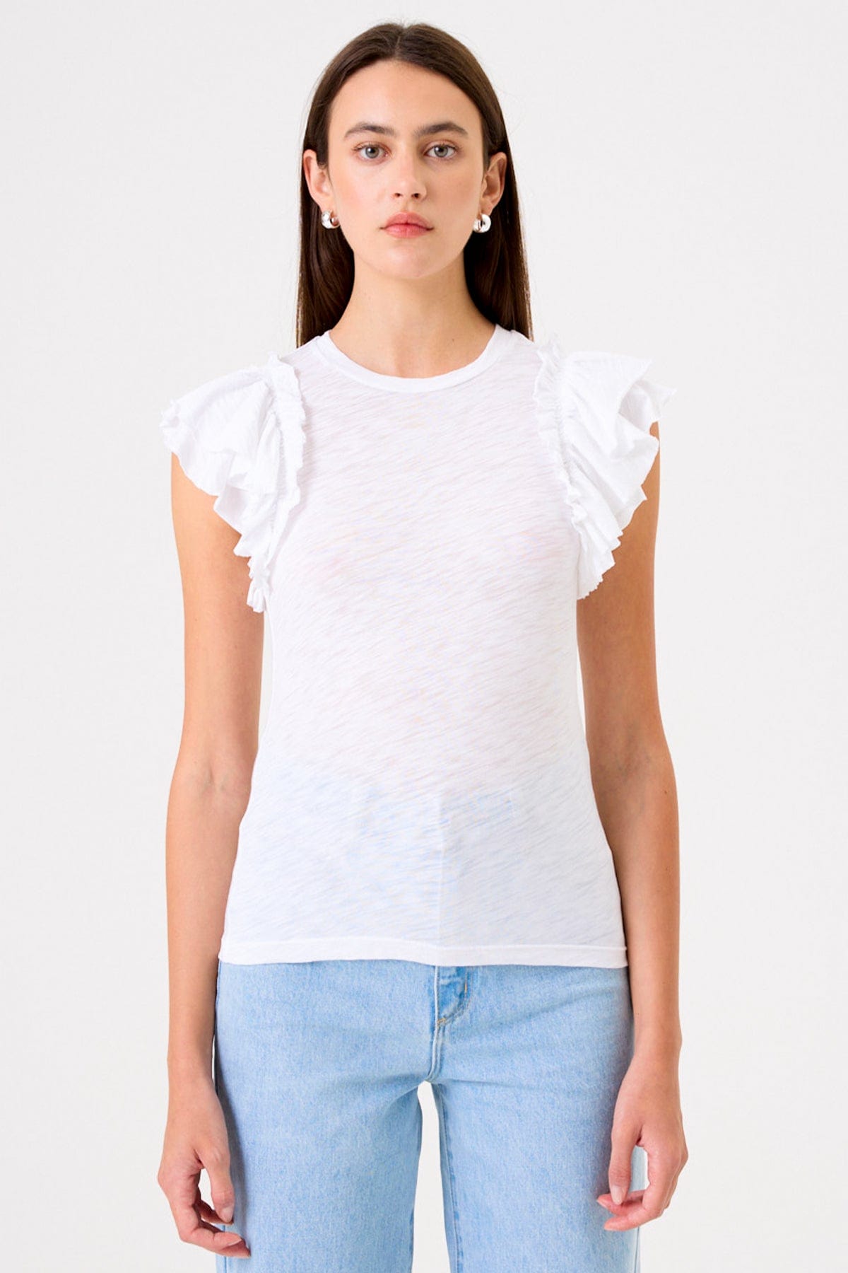 Double Ruffle Shell – Soft, Feminine Sleeveless Top | Goldie Tees
